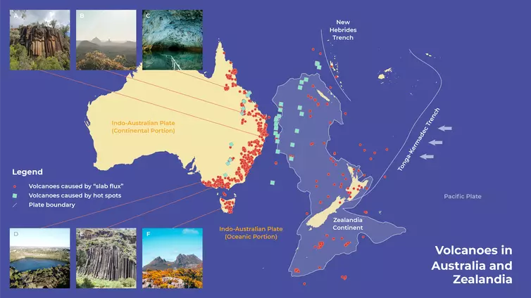 Mapa nga nagpakita sa mga bulkan sa Australia ug Zealandia, kasagaran nahimutang sa sidlakang baybayon sa Australia