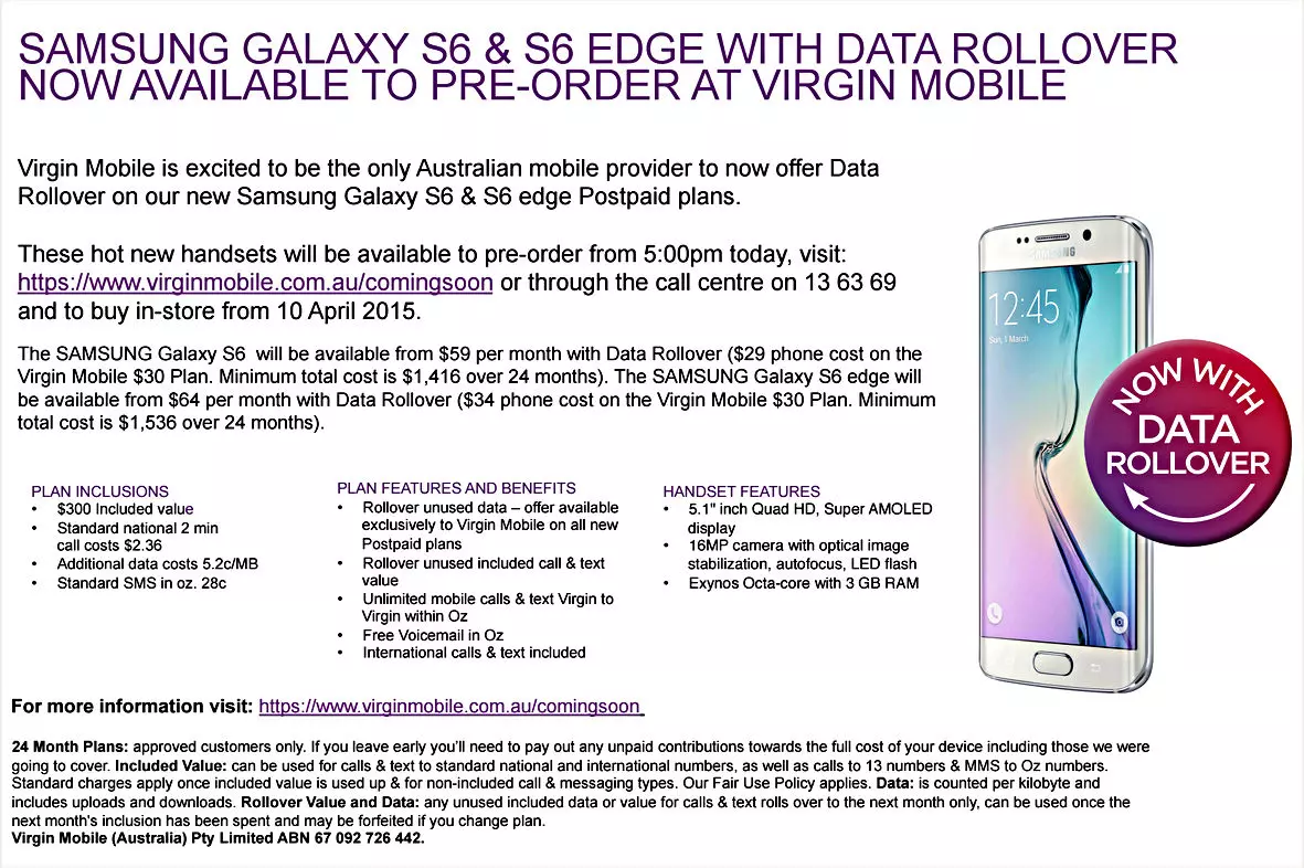 Samsung Galaxy S6 Edge: אַוסטראַליאַן פּרייסינג און מעלדונג טאָג