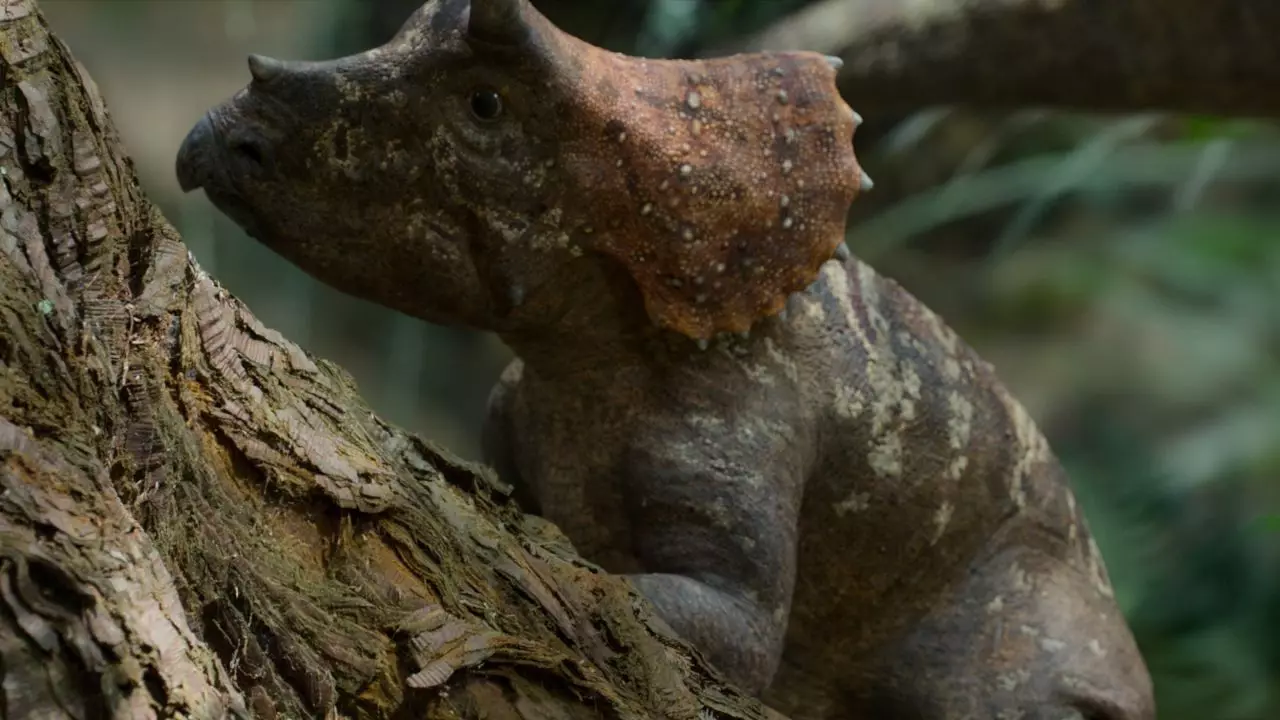 Triceratops babi mewn coedwig. (Delwedd: Apple)