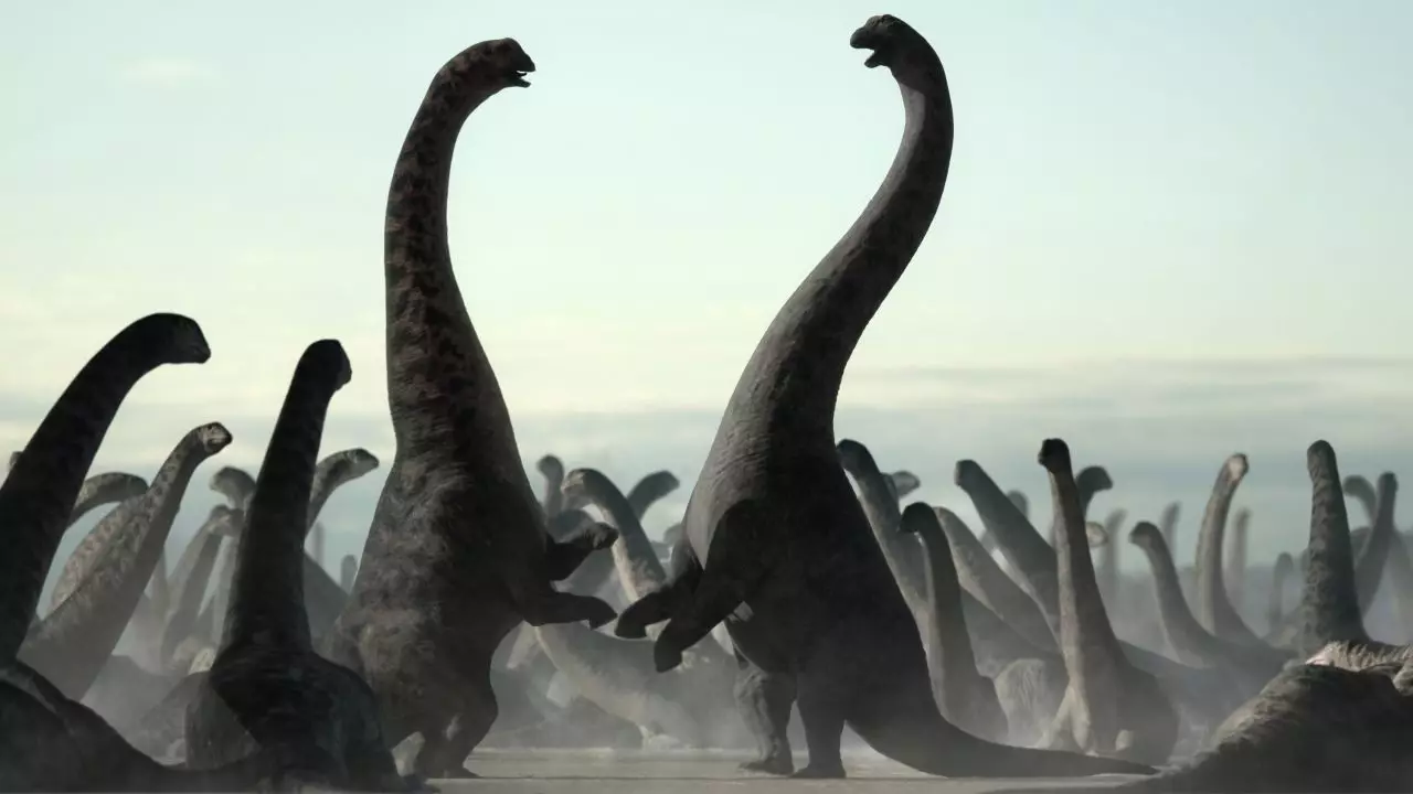 Dous machos enormes Dreadnoughtus en combate. (Imaxe: Apple)