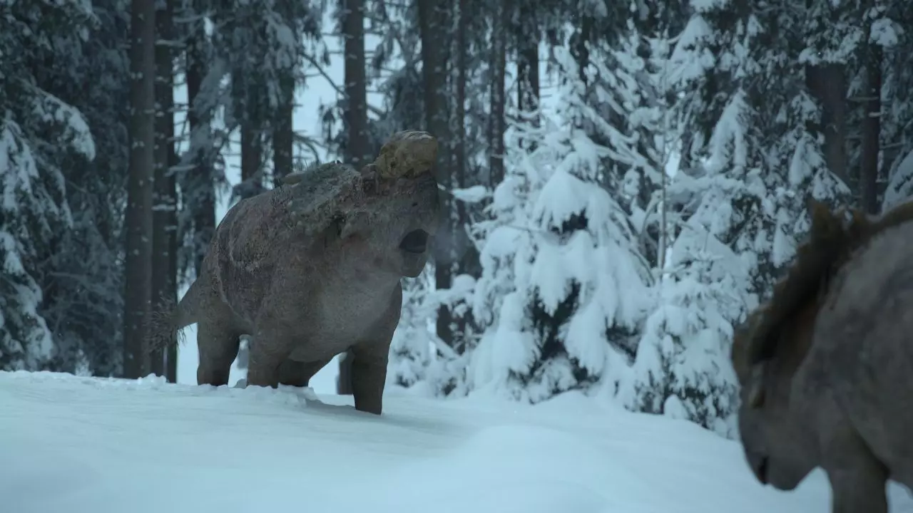 Twee Pachyrhinosaurussen staan recht in de sneeuw. (Afbeelding: Appel)