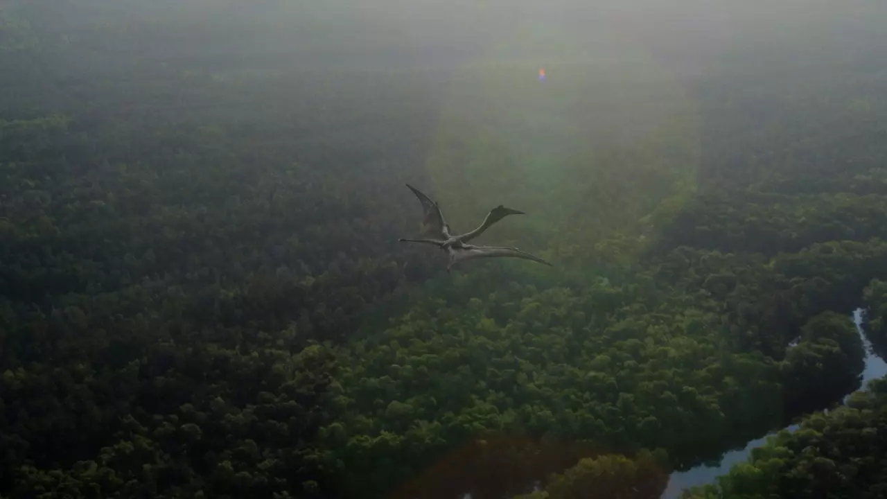 Quetzalcoatlus — ang pinakamalaking kilalang pterosaur — ay lumilipad sa ibabaw ng kagubatan. (Larawan: Apple)