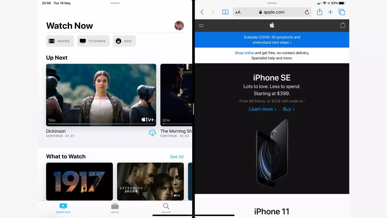 Apps in gesplitste weergave op iPadOS. (Screenshot: Gizmodo)