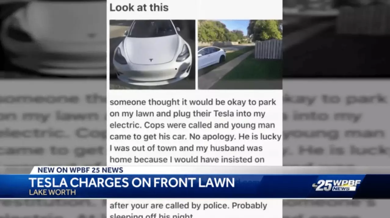 Berechtegt Tesla Jackass Parks On Stranger's Lawn, klaut Elektrizitéit fir 12 Stonnen