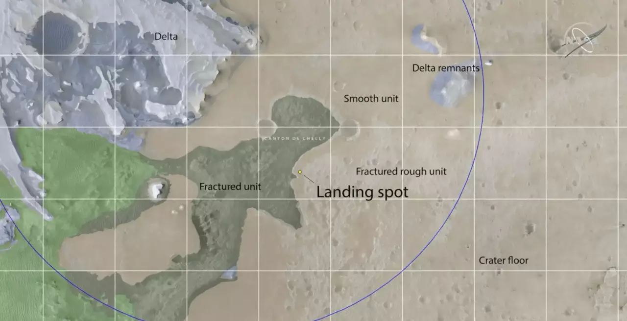 “Jezero” krateriniň içinde “Perseverance” -iň gonýan ýerini görkezýän karta, ýaşyl reňkde görkezilen gyzykly geologiki aýratynlyklar. (Surat: NASA / JPL)