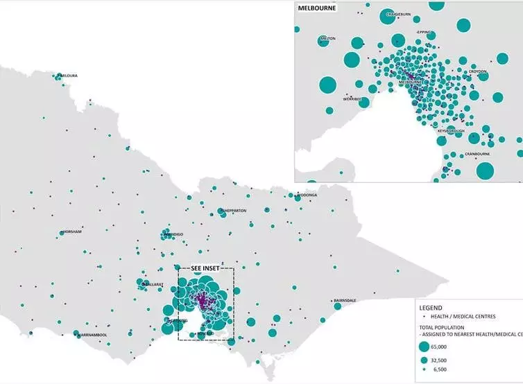 Mapa centrów medycznych w Wiktorii