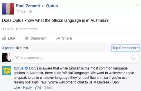 Дэн из Optus вежливо обучает расистов на Facebook