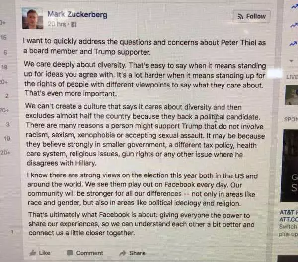 Zuckerberg는 유출된 Facebook 메모에서 Peter Thiel을 계속 보호합니다.