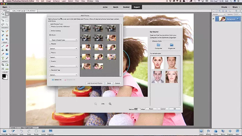 Ved hjelp av AI Smarts kan Photoshop Elements nå automatisk åpne lukkede øyne i et bilde
