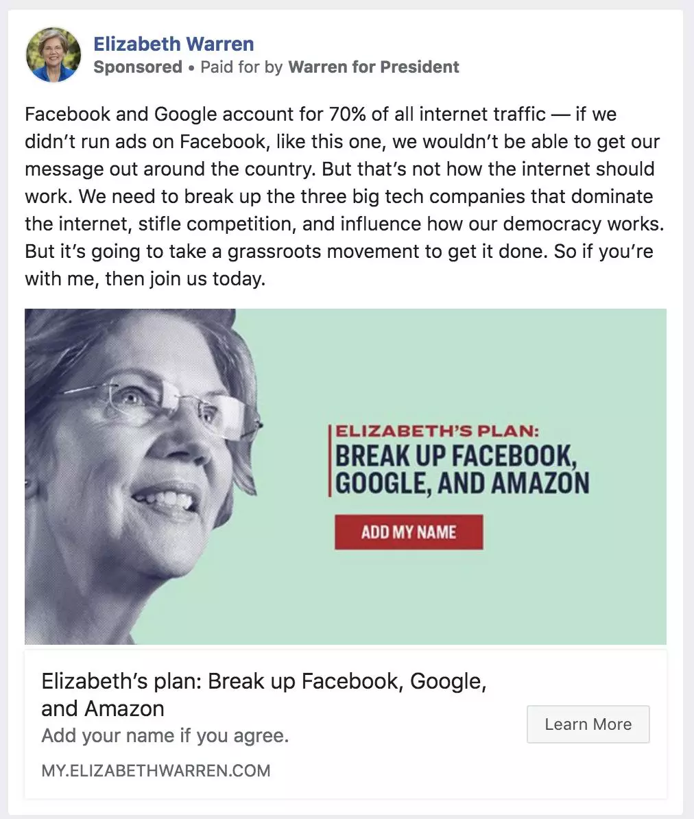 Elizabeth Warrenin Facebook-un çox gücü olduğunu söyləyən reklamı Facebook tərəfindən qısa müddətə ləğv edildi