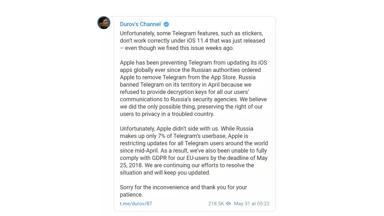 Dyrektor generalny Telegramu mówi, że Apple blokuje aktualizacje, ponieważ Rosja próbuje zakazać aplikacji do przesyłania wiadomości