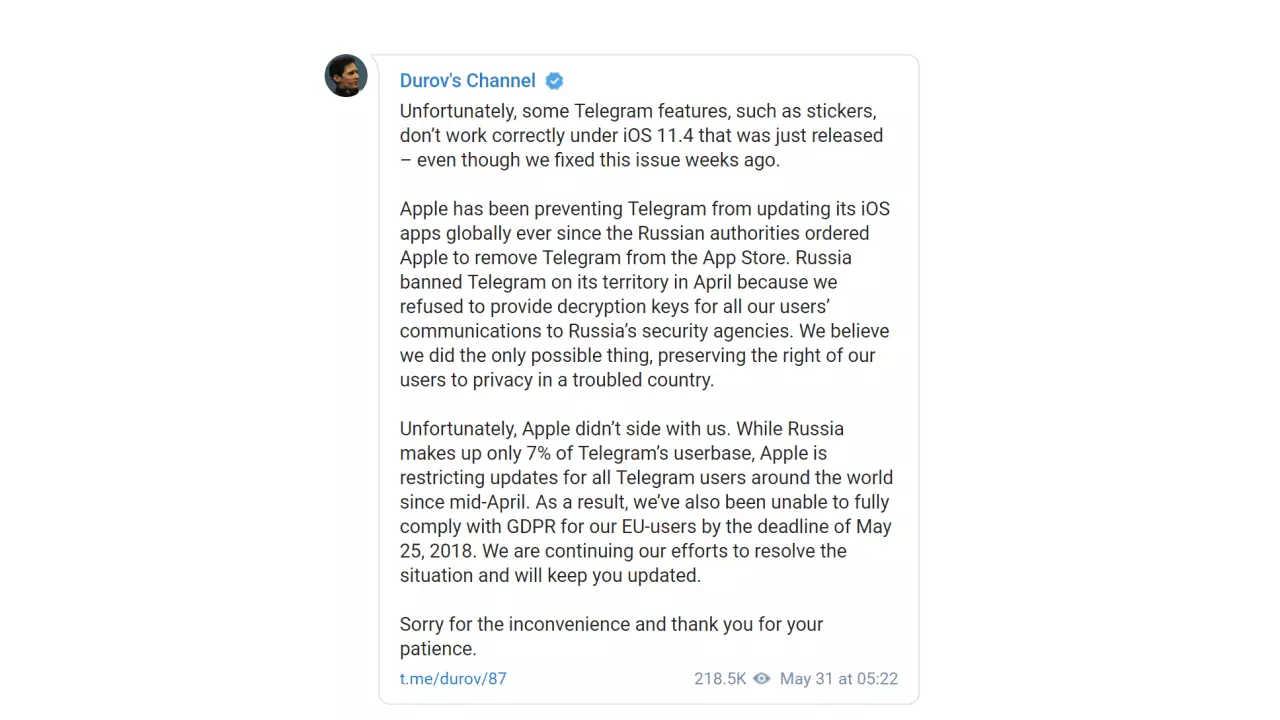 Ĉefoficisto de Telegram Diras, ke Apple Blokas Ĝisdatigojn Dum Rusio Provas Malpermesi La Mesaĝan Apon