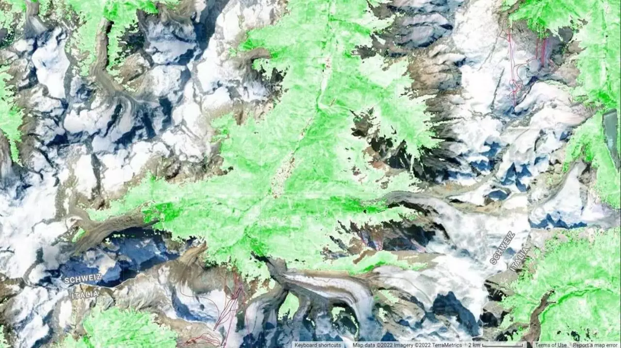 Para penyelidik mengkaji data satelit Alps untuk menentukan trend dalam tumbuh-tumbuhan. Dalam pandangan ini, semakin gelap warna hijau, semakin besar pertumbuhan tumbuh-tumbuhan. (Tangkapan skrin: Enjin Google Earth, Grégoire Mariéthoz)