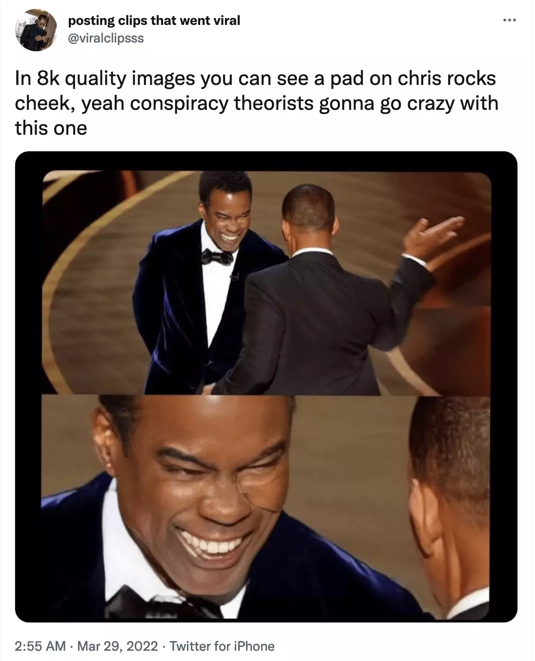 Unha imaxe viral de Twitter que pretende mostrar a Chris Rock levando unha almofada na meixela antes de que Will Smith o golpease. (Captura de pantalla: Twitter)