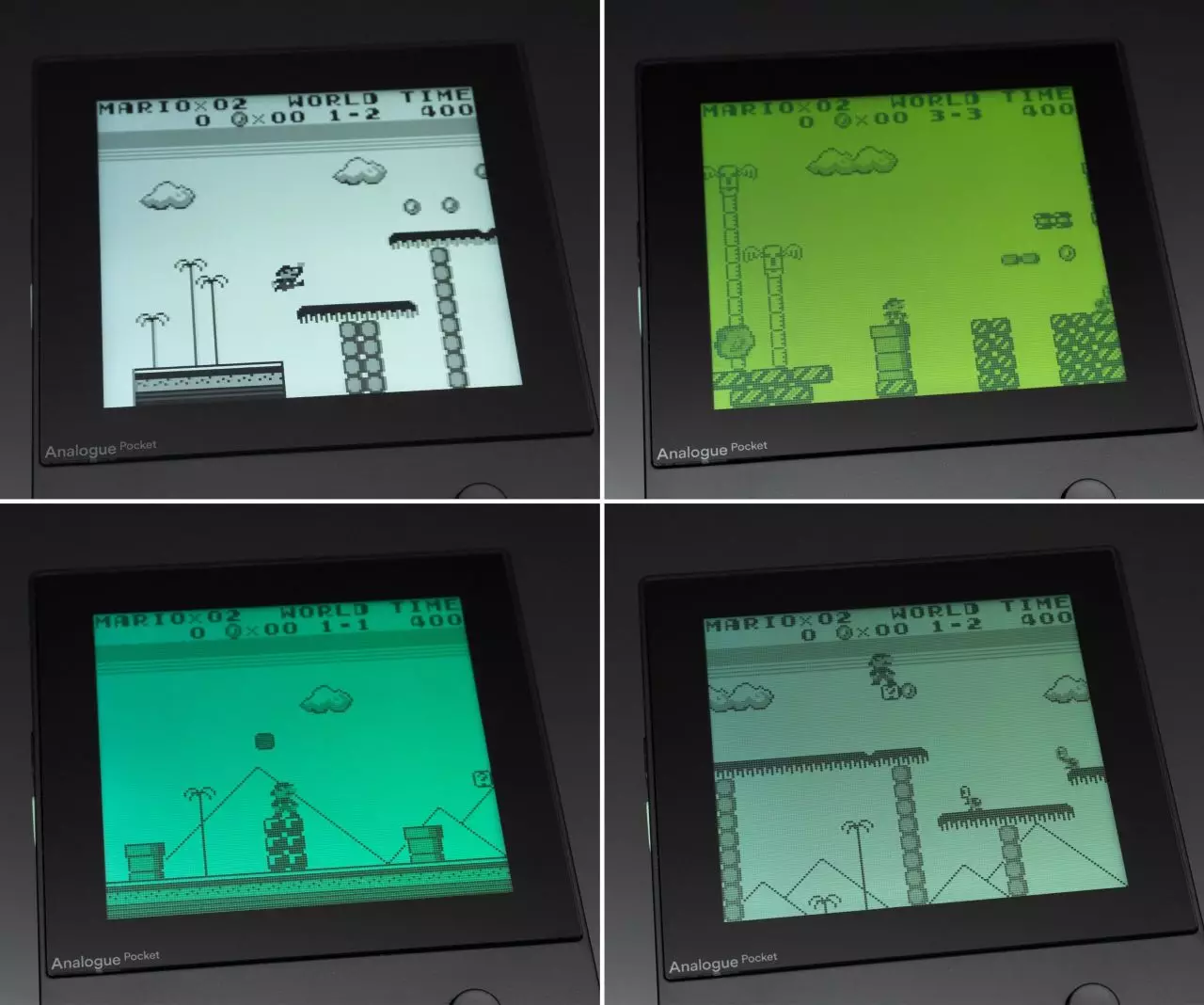 Қатты кодталған балама дисплей режимдері (сүзгілер емес) классикалық портативті дисплейлердің көрінісін фонда әрең көрінетін пикселдік торларға дейін қайта жасайды. Мұнда сіз Game Boy ойындарының стандартты аналогты дисплей режимін (жоғарғы сол жақта), бастапқы Game Boy дисплей режимін (жоғарғы оң жақта), Game Boy Light дисплей режимін (төменгі сол жақта) және Game Boy қалта дисплей режимін (төменгі оң жақта) көре аласыз. ).