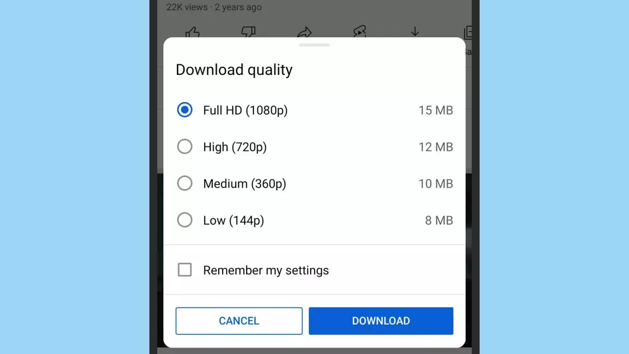 Du kan vælge en downloadkvalitet på mobil og desktop. (Skærmbillede: YouTube)