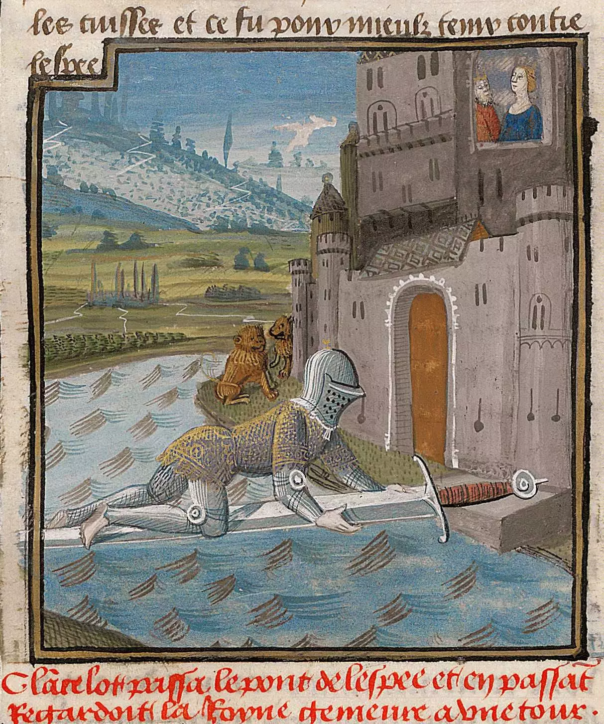 Sir Lancelot ezpata-zubia zeharkatzen du Evrard d'Espinques-en 1475eko ilustrazio honetan. (Irudia: Public Domain)