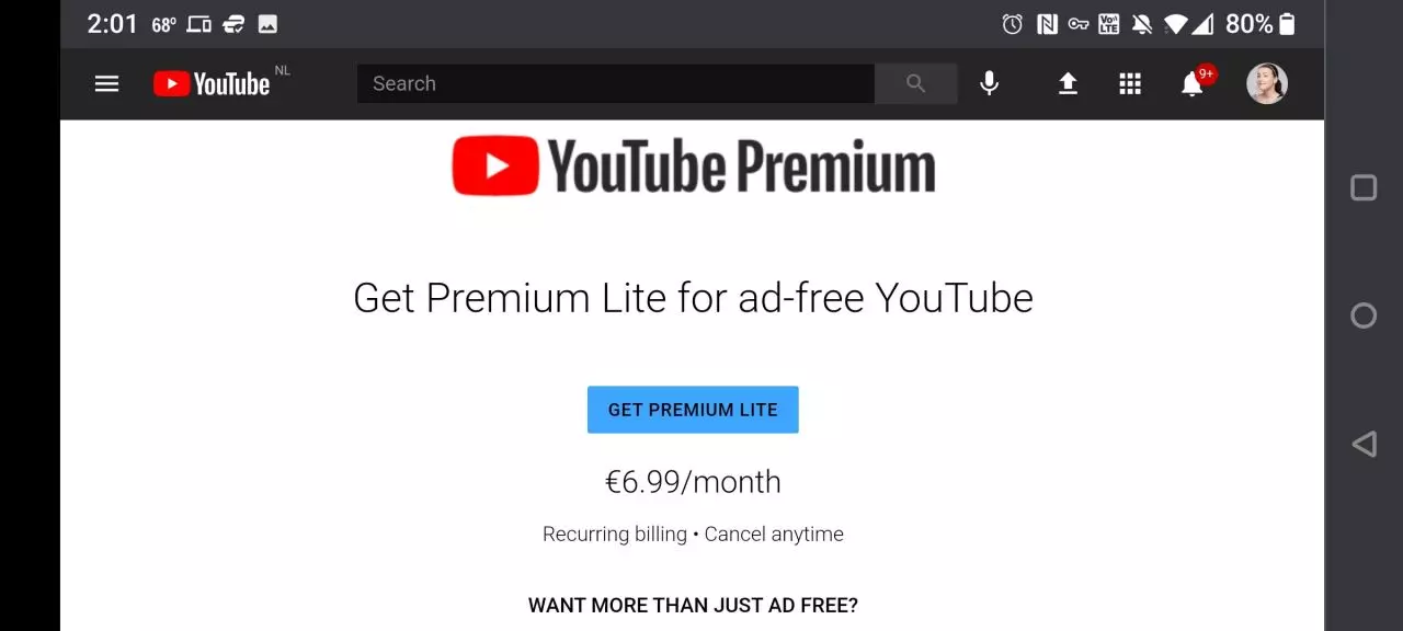 Mlebu kaya sing manggon ing Walanda, lan sampeyan bakal weruh kaca splash kanggo ndhaptar YouTube Premium Lite. (Screenshot: Florence Ion / Gizmodo)