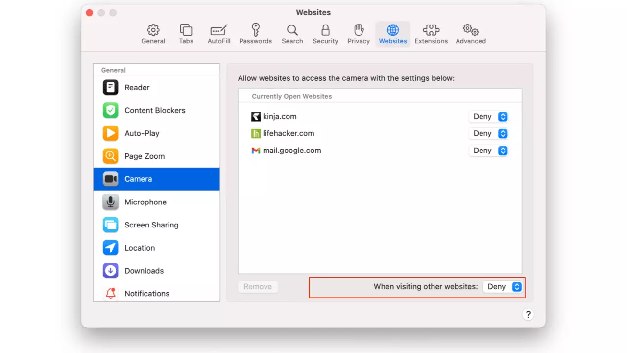 Забараніць доступ камеры да вэб-сайтаў, якім яна не патрэбна ў Safari на Mac. (Скрыншот: Pranay Parab)