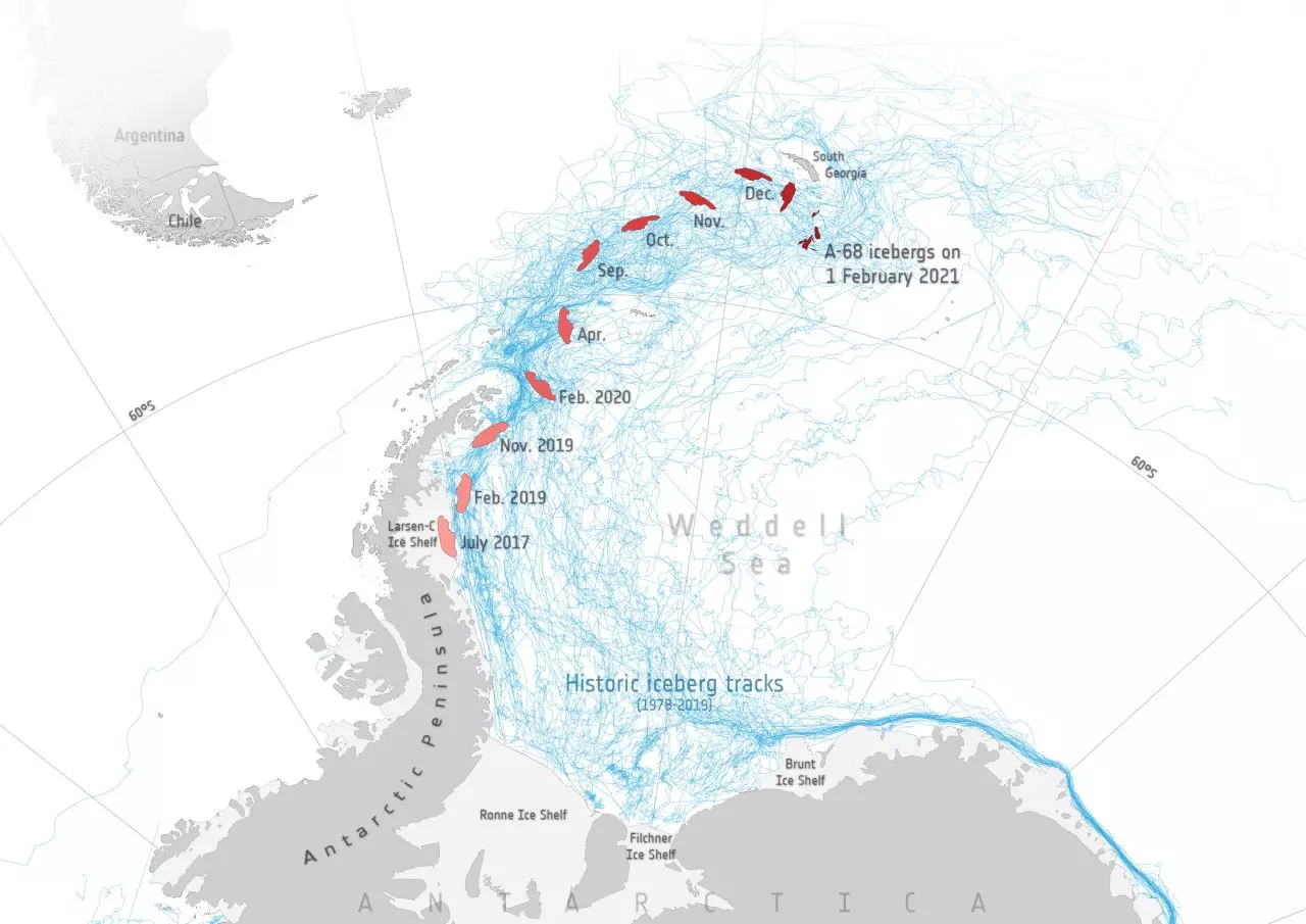 'Mapa o bonts'ang leeto la A68a, mmoho le litsela tse nkiloeng ke li-icebergs tse fetileng. (Sets'oants'o: Lintlha tse fetotsoeng tsa Copernicus Sentinel (2021), tse sebetsitsoeng ke ESA; Leqhoa la Antarctic la ho Tracking Database)