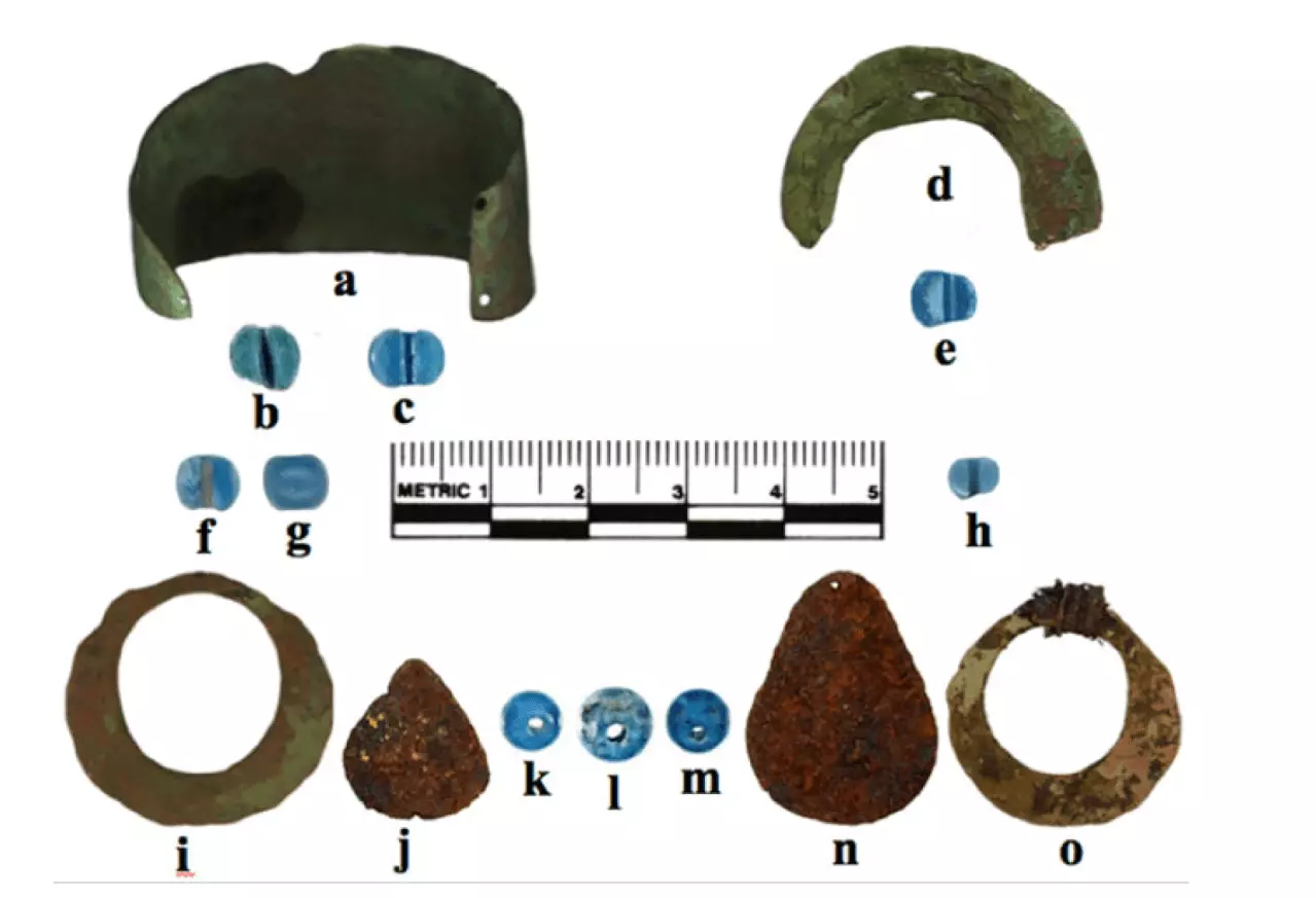 Azterketan aztertutako metalezko artefaktuak eta beirazko aleak. (Irudia: M. L. Kunz et al., 2021/American Antiquity)