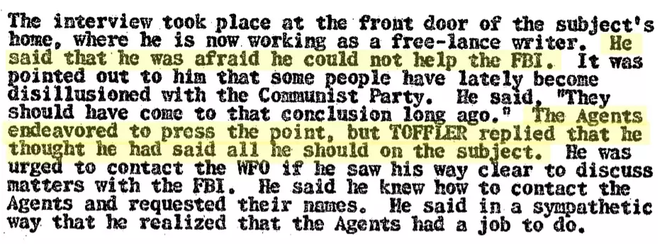 FBI tutki Alvin Toffleria kommunistisista toimista äskettäin julkaistujen tiedostojen mukaan