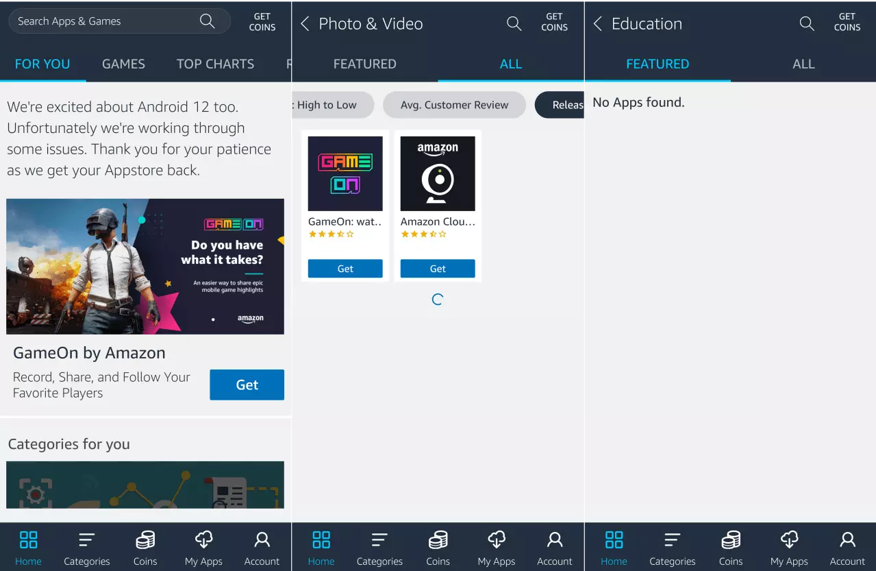 Amazon ახლა გაფრთხილებთ მისი Appstore-ის პრობლემების შესახებ Android 12-ზე. (სკრინშოტი: Florence Ion / Gizmodo)