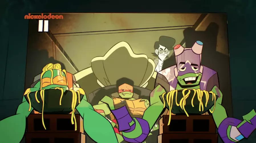 De Ninja Turles zijn slobs tijdens de filmavond. (Screenshot: Nickelodeon)