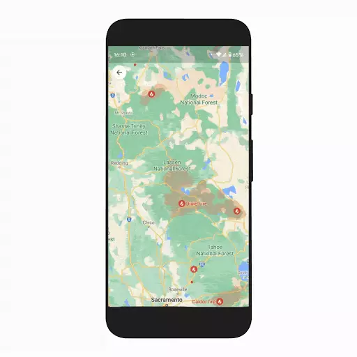 Google Карталардагы жаңы жогорку деңгээлдеги өрт катмарынын визуализациясы. (Gif: Google, Fair Use)