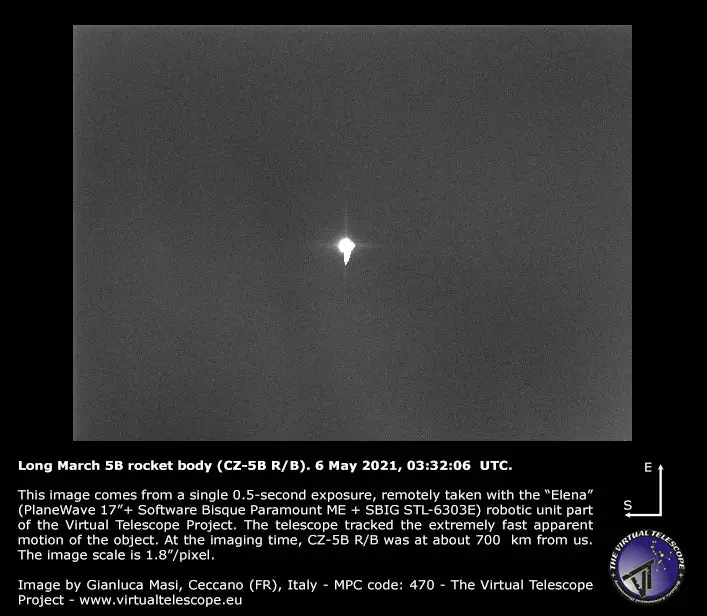 Ukubuka okusha kwerokhethi engaphandle kokulawula yaseChina. (Isithombe: Gianluca Masi/Virtual Telescope Project)