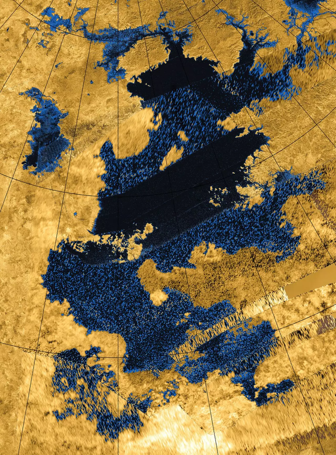 រូបភាពពណ៌មិនពិតរបស់ Kraken Mare ។ (រូបភាព៖ NASA/JPL-Caltech/Agenzia Spaziale Italiana/USGS)