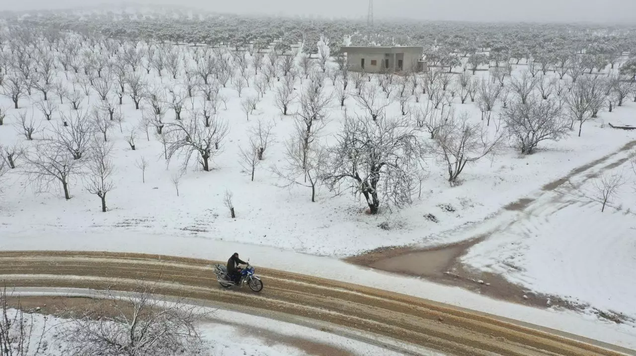 In Syryske man rydt op in motorfyts tusken boskjes bedekt mei snie yn 'e Jabal al-Zawiya-regio op it troch rebellen hâlden noardlike plattelân fan' e Syryske Idlib-provinsje, op 17 febrewaris 2021.