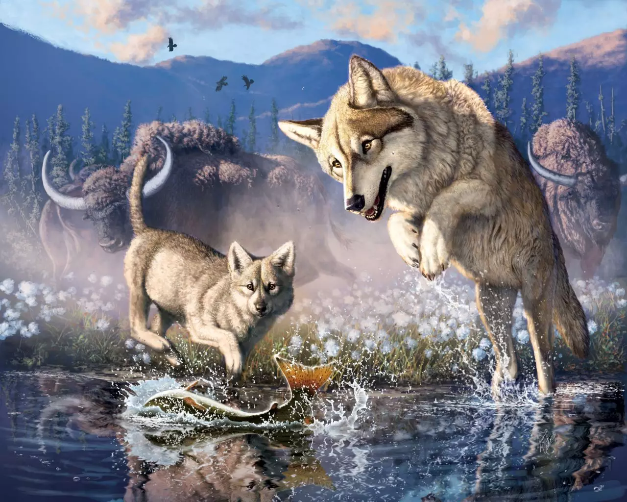 Artist's conception of a hma niam thiab pup yos hav zoov. (Illustration: Julius Csotonyi/Tsoomfwv ntawm Yukon)