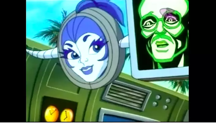 Future-Blight's gefoelige AI GAL bespot flirtysk mei Dr. Blight's AI HAL. (Screenshot: TBS/Hanna-Barbera)