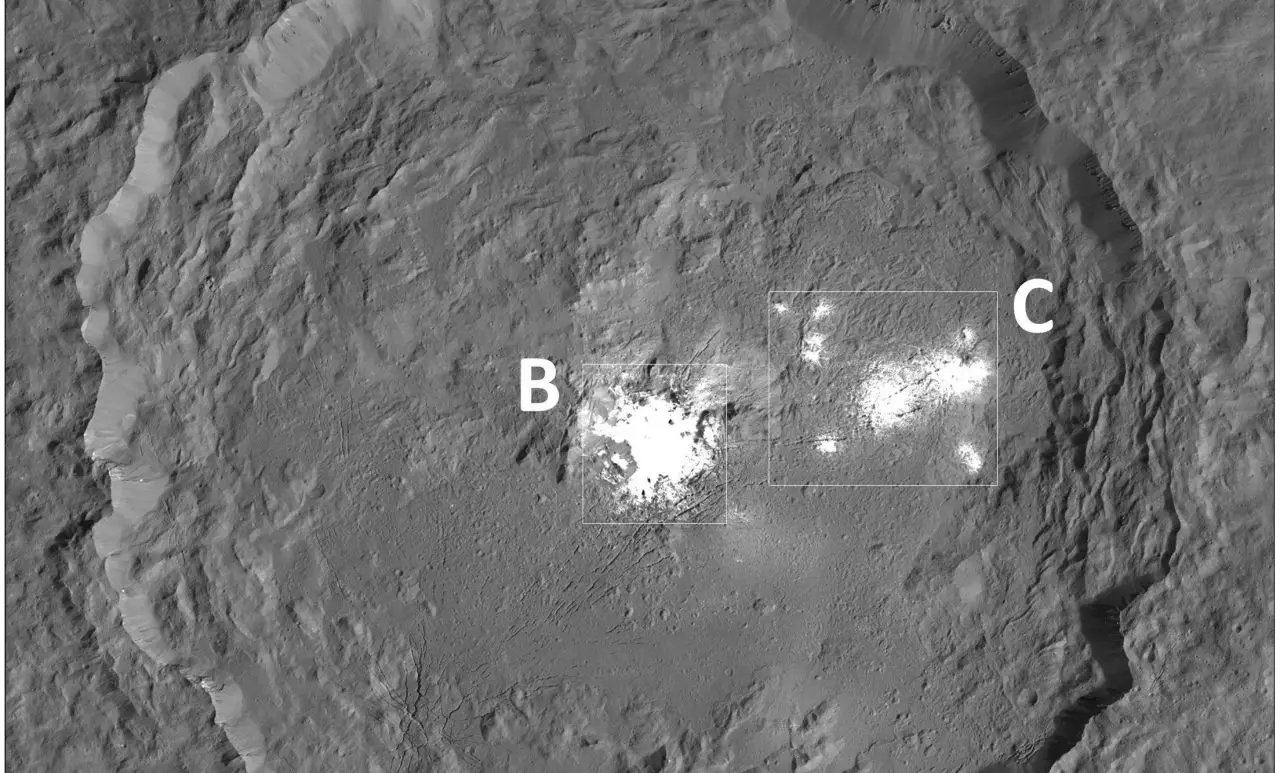 Däneli Facula (B) we Vinalia Faculae (C) görkezýän “Occator Crater” -iň görnüşi. (Surat: Nathues we başgalar, Tebigat astronomiýasy)