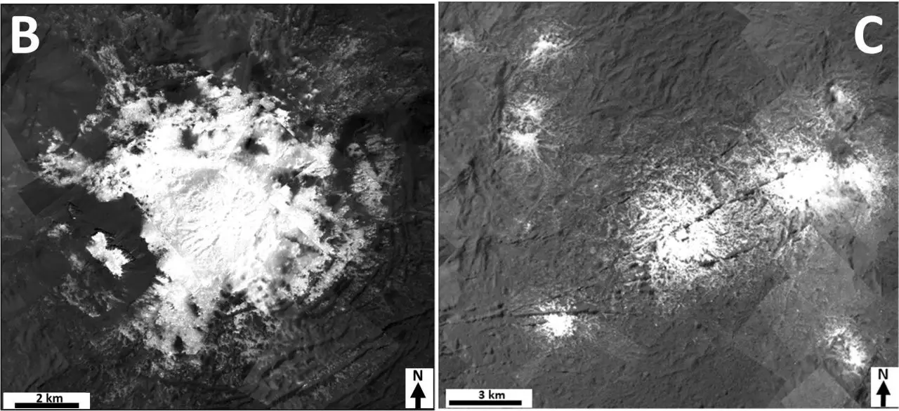 Nærbilleder af Cerealia Facula (B) og Vinalia Faculae (C). (Billede: Nathues et al., Nature Astronomy)