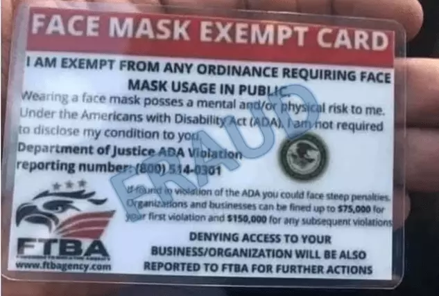 連邦政府の印章が付いた「フェイスマスク免除」カードは完全な詐欺です