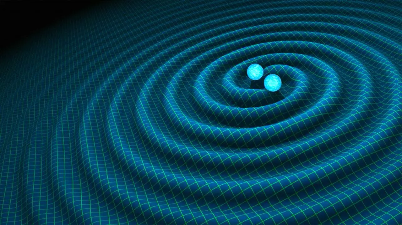 Impressió artística de les ones gravitatòries generades per estrelles de neutrons binàries. (Imatge: R. Hurt/Caltech-JPL)