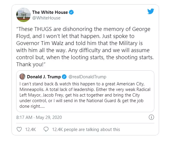 Twitter nasconde anche il tweet ufficiale della Casa Bianca che chiede l'uccisione dei manifestanti