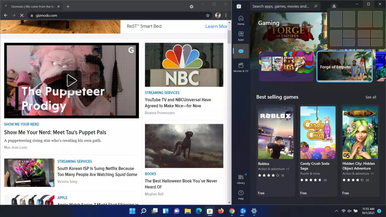 A jobb oldalon képet kaphat az újratervezett Microsoft alkalmazásboltról, valamint a jobb felső sarokban a Windows 11 új snap rácsainak lehetőségeiről. (Képernyőkép: Sam Rutherford)