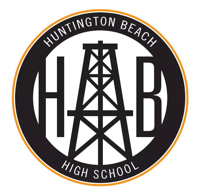 Logoya Dibistana Bilind a Huntington Beach, ku bi rûnê rûnê û zengila porteqalî tije ye, ku tê wateya sembola rojê. (Wêne: Dibistana Bilind a Huntington Beach)