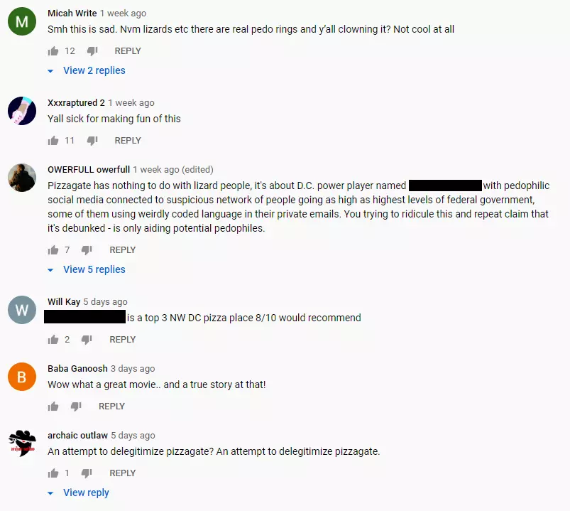 YouTube'дун комментарийлер бөлүмүндө (чыныгы адамдардын аттары жана жерлер редакцияланган) Дунканга кол салган кутум теоретиктери. (Скриншот: YouTube)