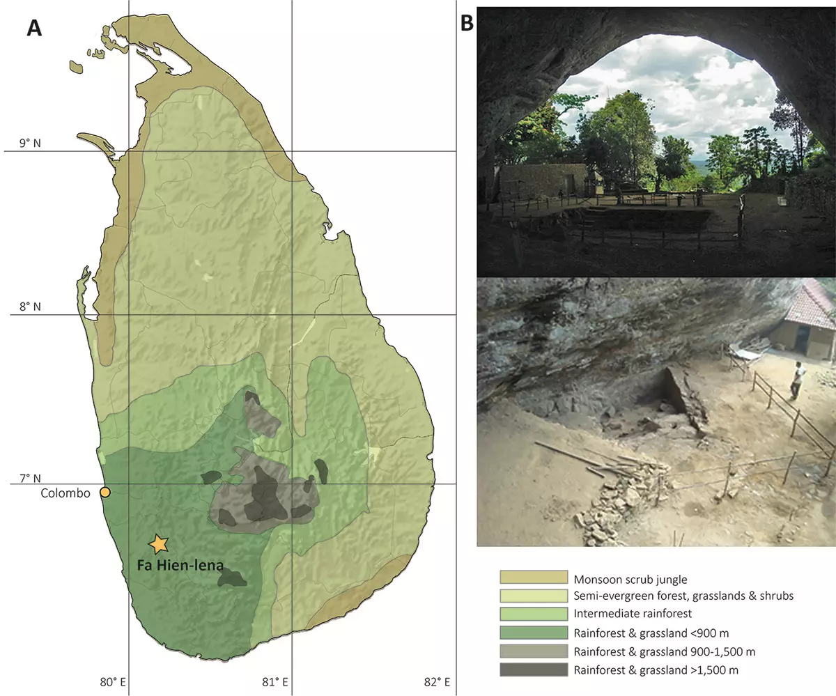 خريطة لسريلانكا مع موقع Fa-Hien Lena معروضة جنبًا إلى جنب مع مناظر للكهف. (الصورة: Wedage et al.، 2019)