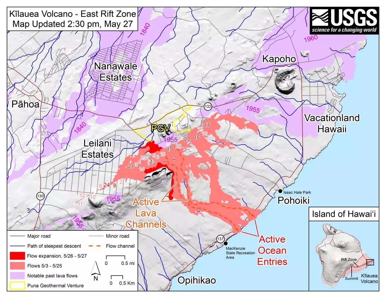 Lava út de fulkaan Kilauea berikt goed by geotermyske enerzjysintrale