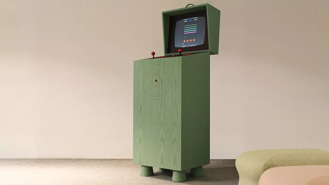 Un cabinet arcade retro-futuristic care joacă la fel de jocuri retro