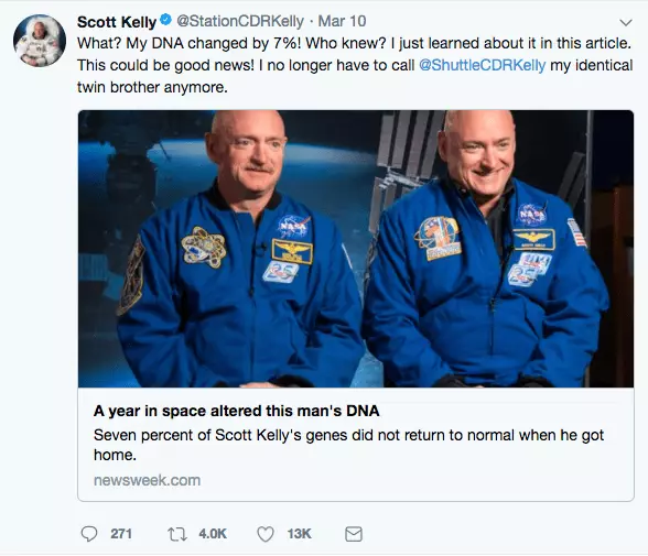 ADN ya Astronaut Scott Kelly ntabwo 'Yahindutse Mubirere' Uburyo Utekereza