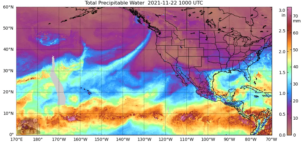 En udzoomet satellitvisning af totalt udfældeligt vand, et mål for hvor våd atmosfæren er, og viser en tunge af fugt på vej mod det nordvestlige Stillehav fra Hawaii. (Gif: CIMSS)